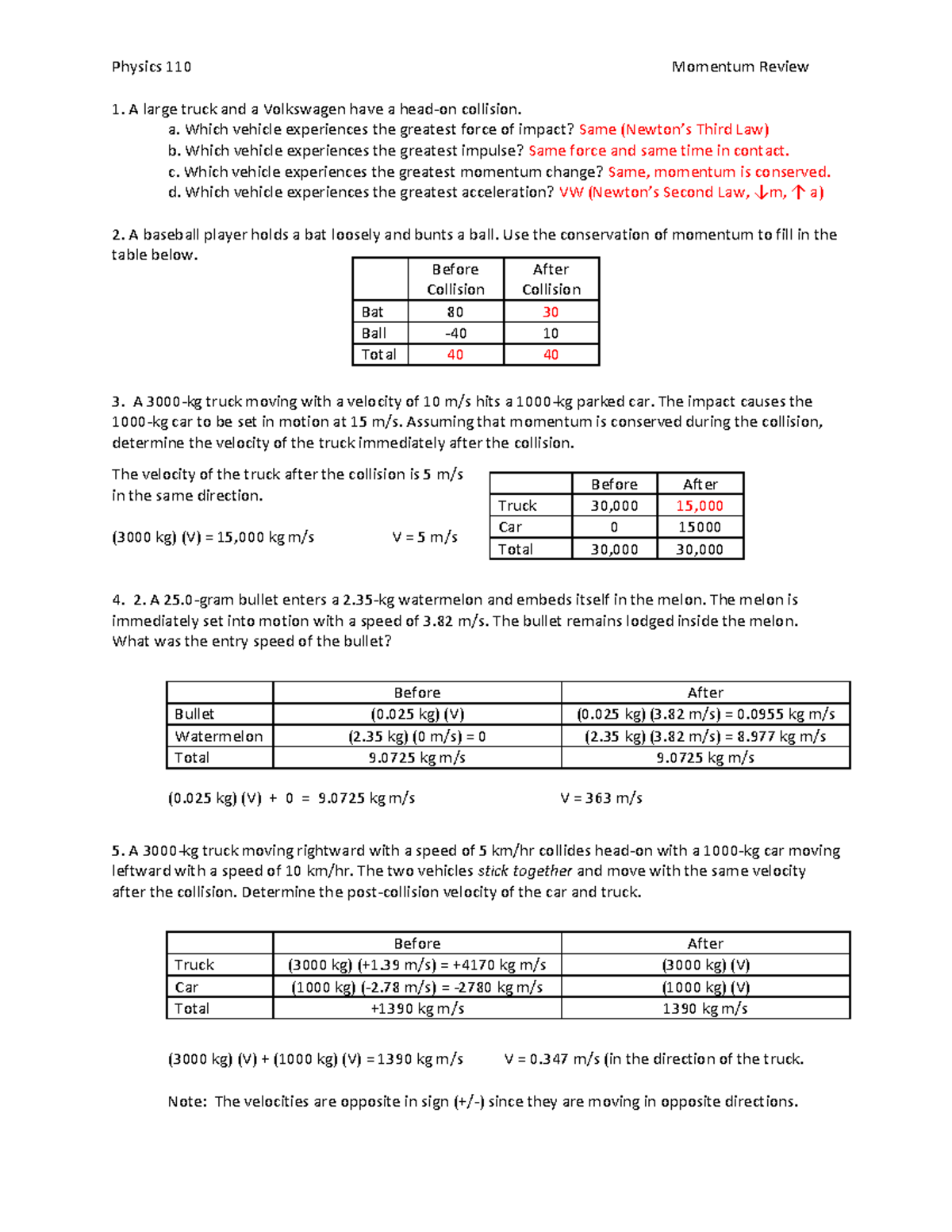 Momentum review answsers - Physics 110 Momentum Review A large truck ...