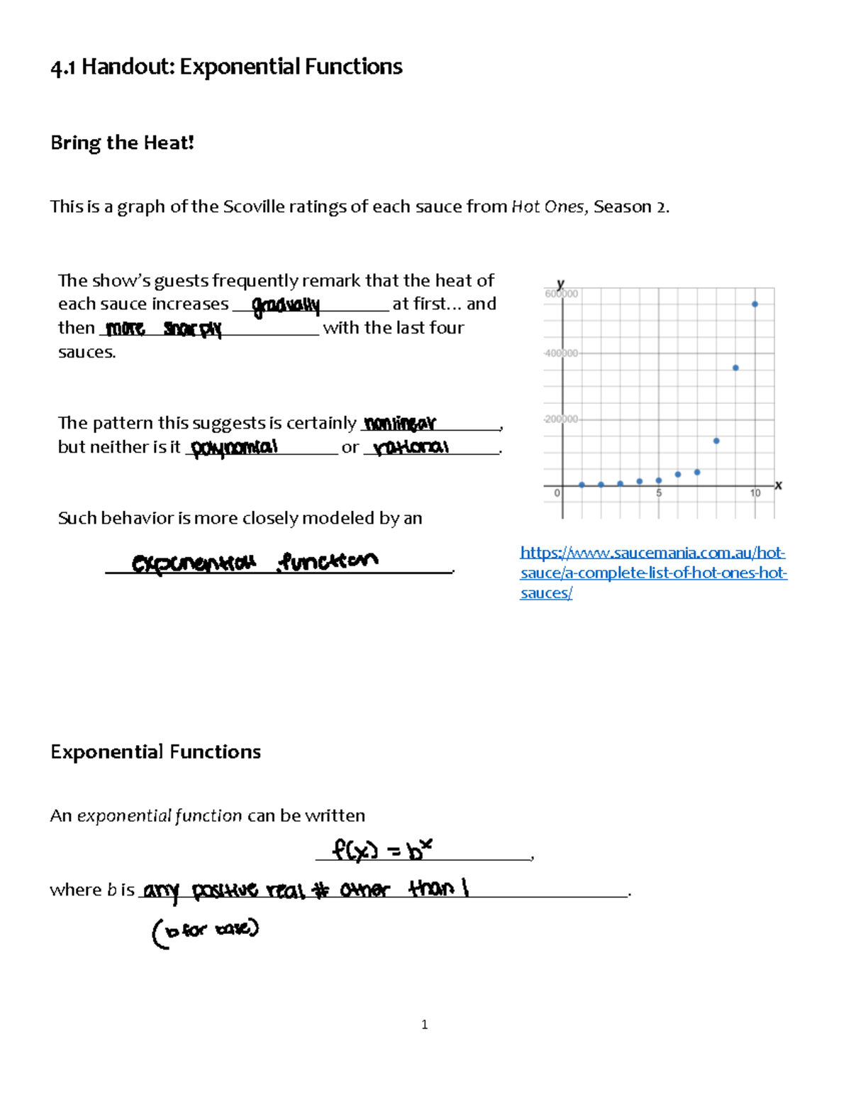 4 - Prof. Jennifer Davis - 1 4 Handout: Exponential Functions Bring the ...