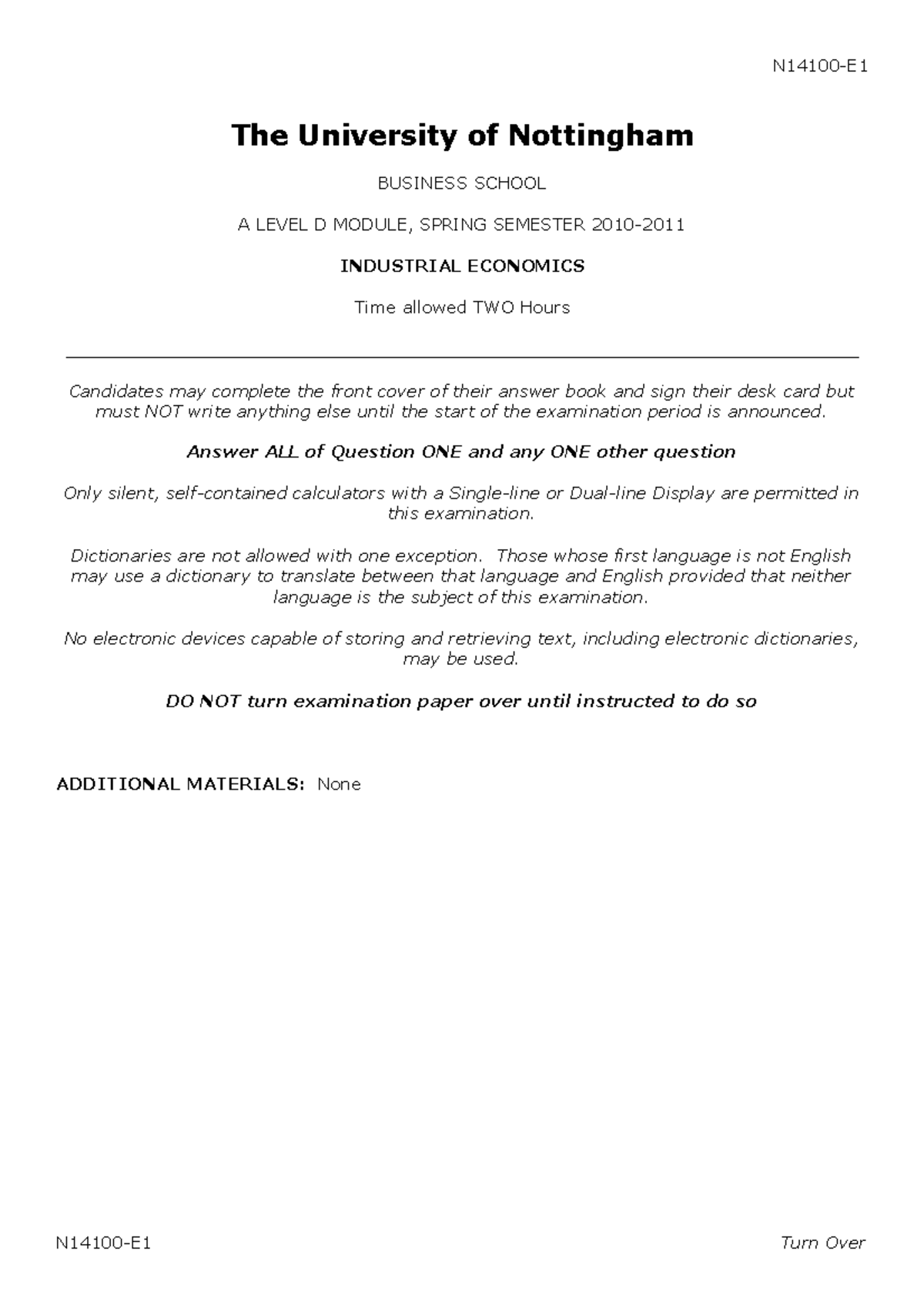 Exam 2010, questions - N14100-E N14100-E1 Turn Over The University of Nottingham BUSINESS SCHOOL ...
