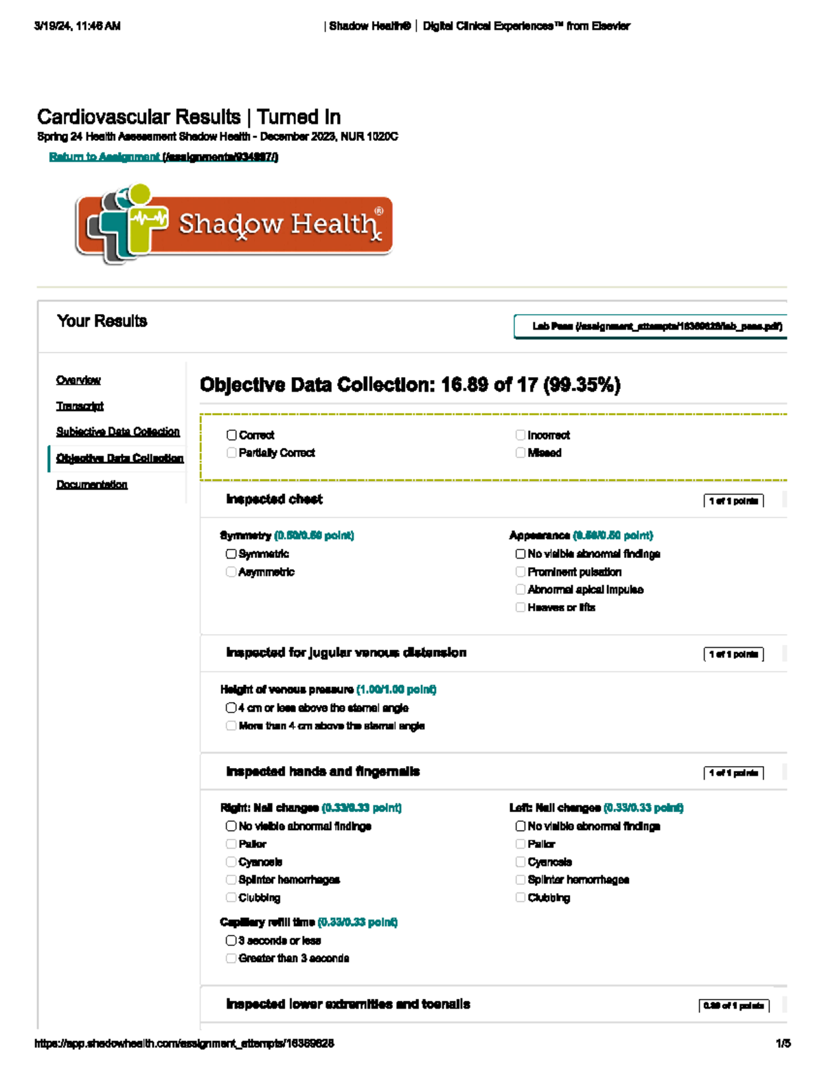 Shadow Health Cardiovascular - Objective Data - 11:46 AM I Shadow I ...