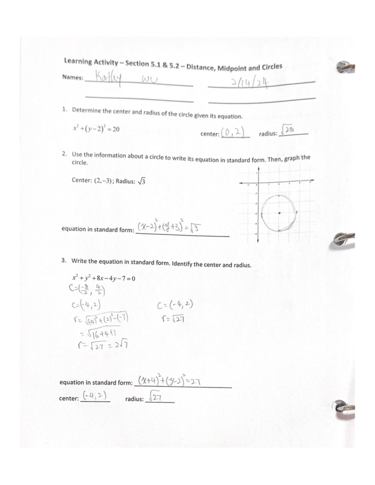 Learning Activity - Section 5.1 & 5.2 - Distance, Midpoint and Circles ...