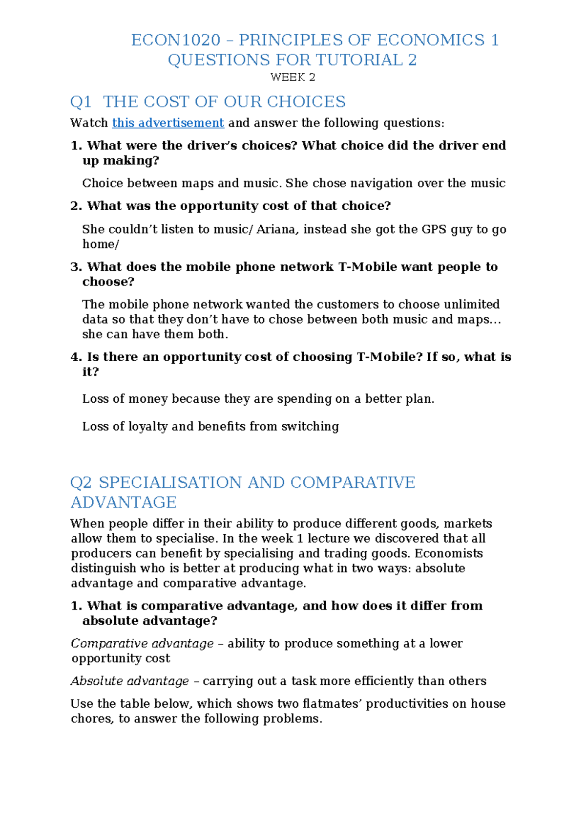 ECON Questions for tut 2 - ECON1020 – PRINCIPLES OF ECONOMICS 1 ...