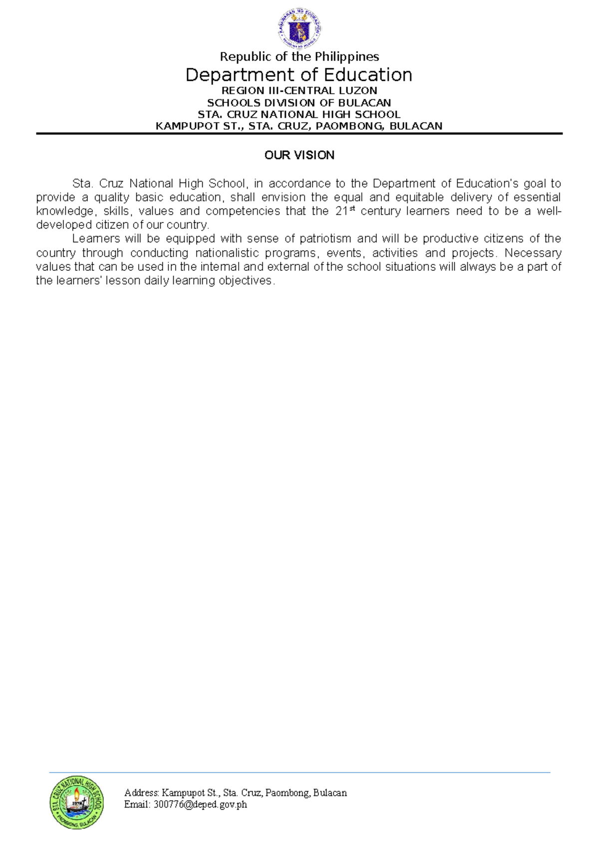 Vsion, Mission AND CORE Values (SHS SIP '23-'28) - Republic of the ...