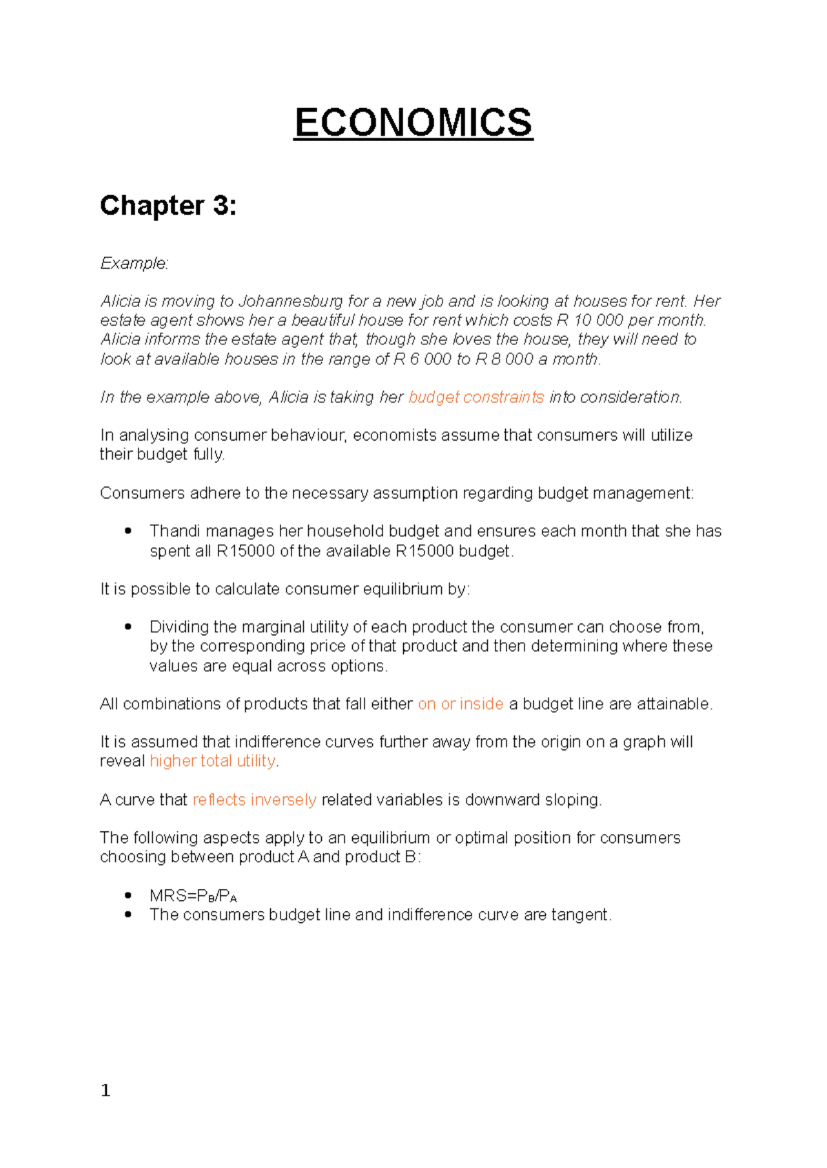Economics chapter 3 - ECONOMICS Chapter 3: Example: Alicia is moving to ...