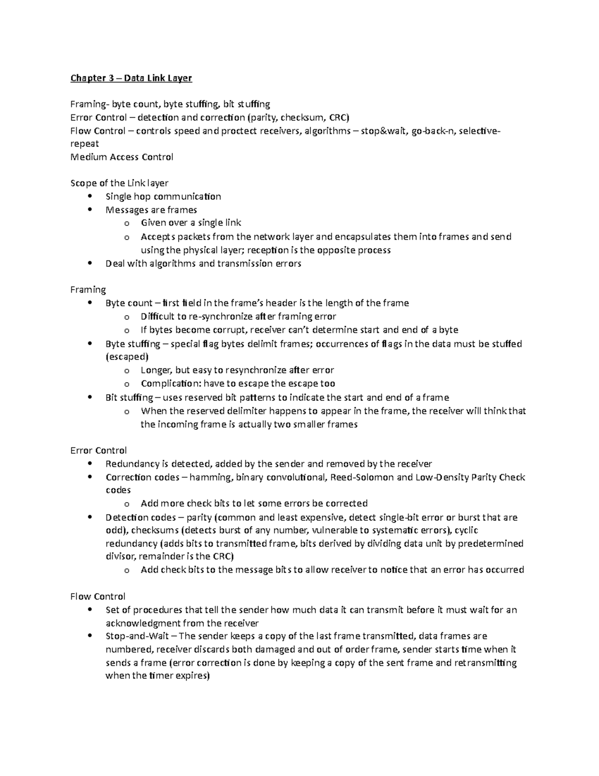 Chapter 3 Data Link Layer Chapter 3 Data Link Layer Framing Byte