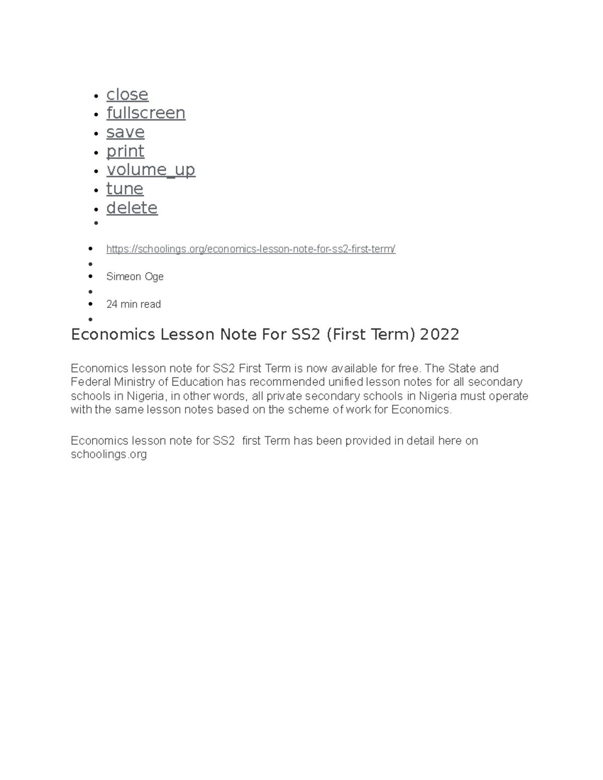 Economics Lesson Note For SS2 (First Term) 2022 - close fullscreen save ...
