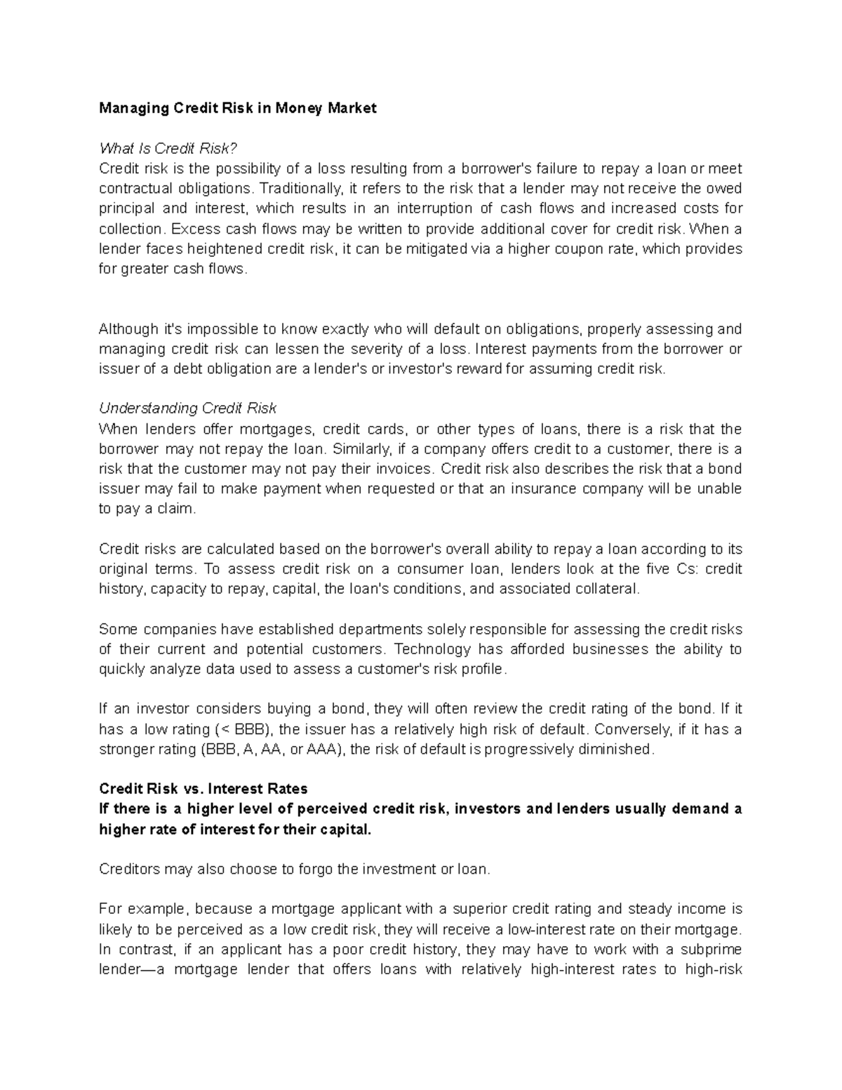 Managing Credit Risk in Money Market - Traditionally, it refers to the ...