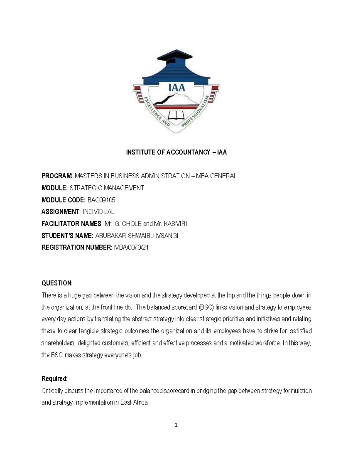 Individual Assignment - INSTITUTE OF ACCOUNTANCY – IAA PROGRAM: MASTERS IN BUSINESS ...