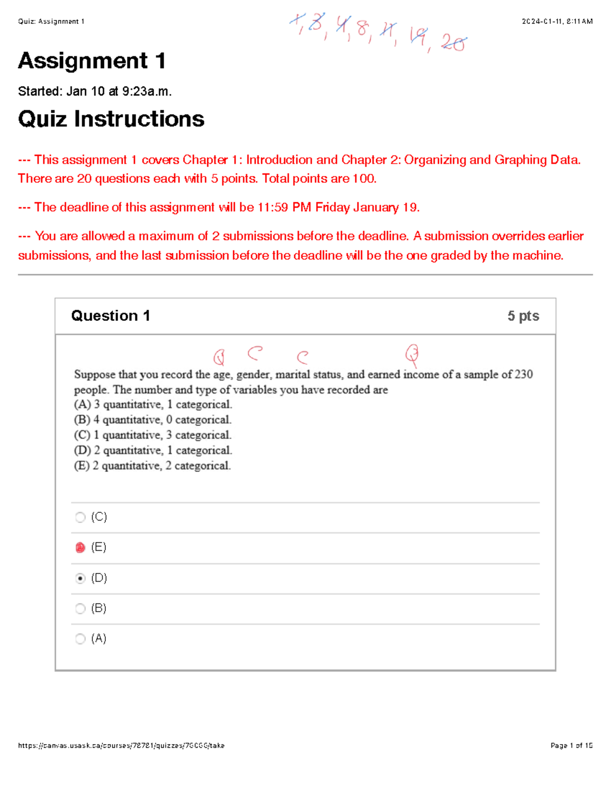 Assignment 1 - Winter Term 2 - Assignment 1 Started: Jan 10 at 9:23a. Quiz Instructions - This ...