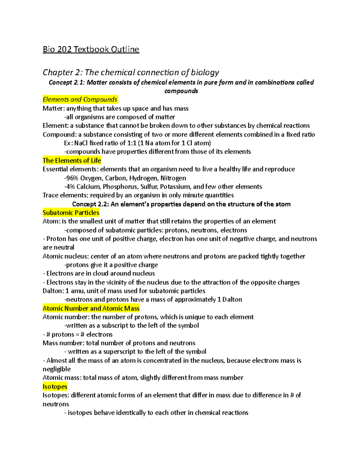 Bio 202 Textbook Outline - Bio 202 Textbook Outline Chapter 2: The ...