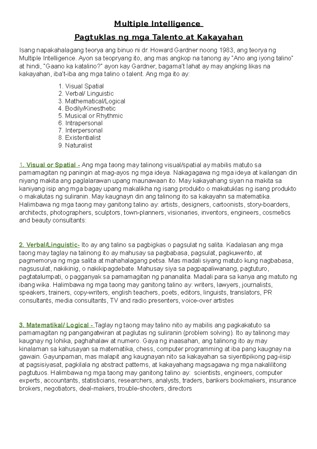 Multiple-Intelligence - Multiple Intelligence Pagtuklas ng mga Talento ...