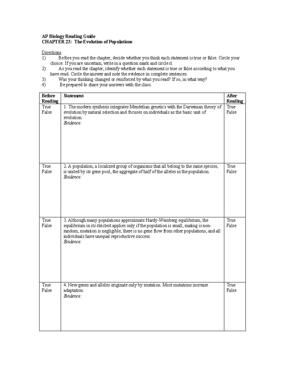 Chapter 23 - The Evolution of Populations - AP Biology Reading Guide ...
