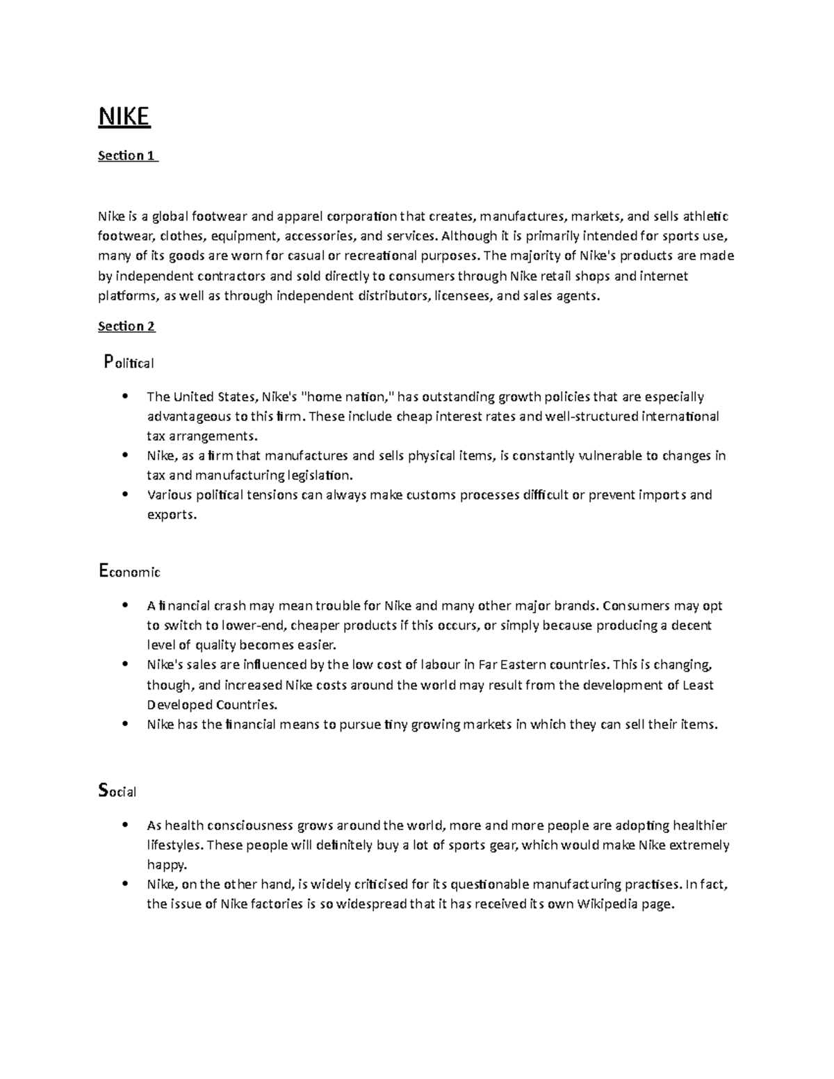 Homework 6 nov - bothing - NIKE Section 1 Nike is a global footwear and ...