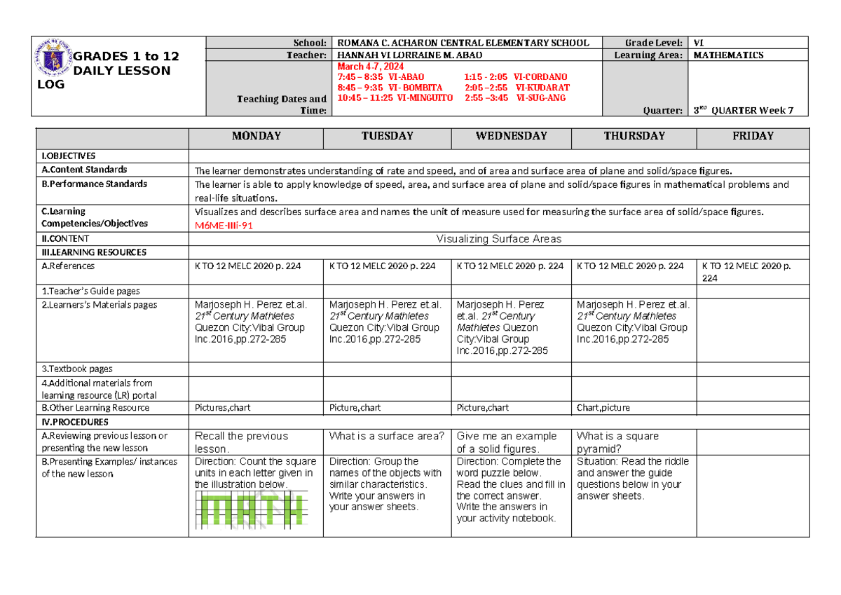 DLL Mathematics 6 Q3 W7 - Daily Lesson Log - GRADES 1 to 12 DAILY ...