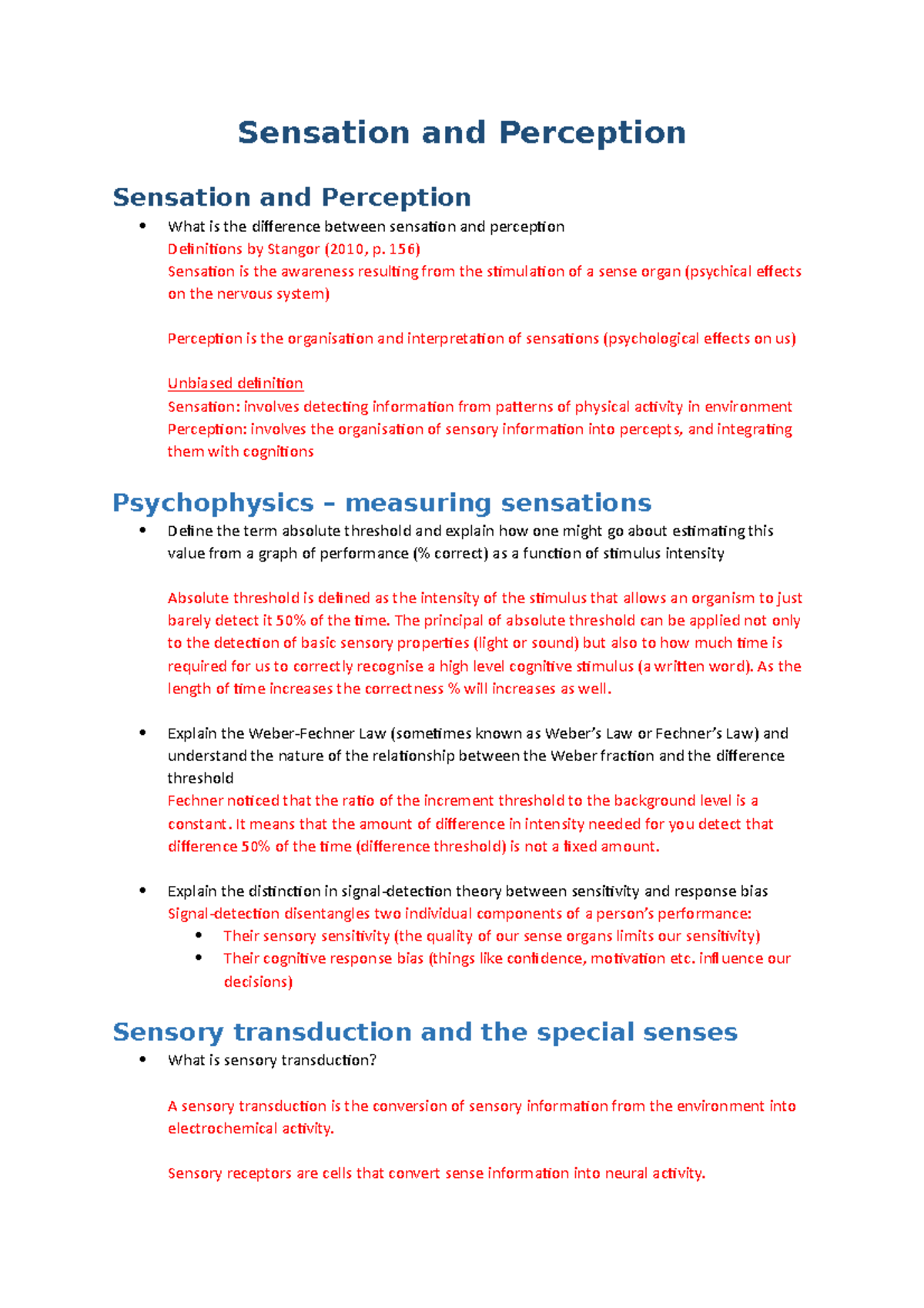 Week 6 - Sensation and Perception - Sensation and Perception Sensation ...