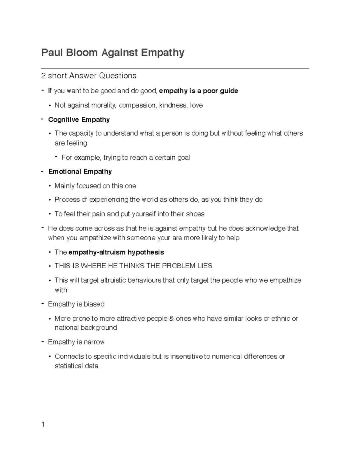 PHIL1550 - final - Paul Bloom Against Empathy 2 short Answer Questions ...