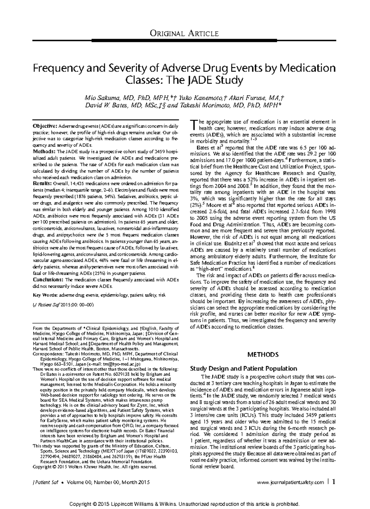 The JADE study - Notes - Frequency and Severity of Adverse Drug Events ...
