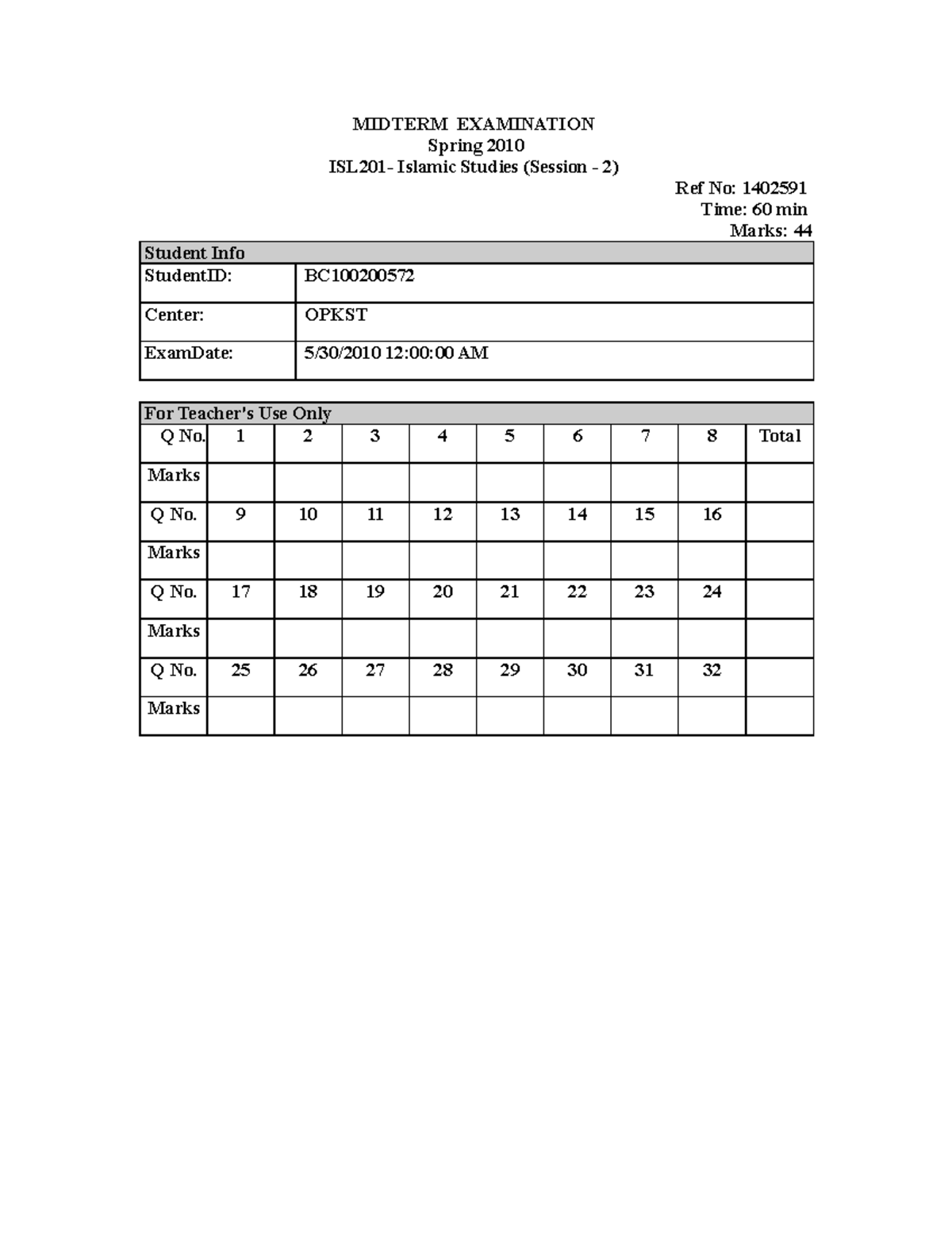 10 ISL 201 MID TERM Paper - MIDTERM EXAMINATION Spring 2010 ISL201 ...