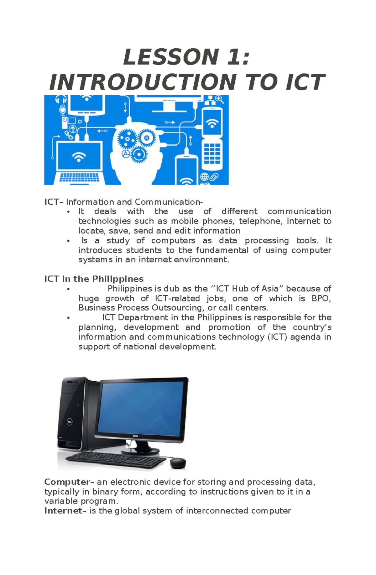 Empowerment Lesson 1-15 - LESSON 1: INTRODUCTION TO ICT ICT ...