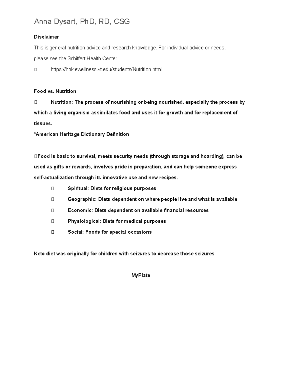 Nutrition and Wellness - Disclaimer This is general nutrition advice ...