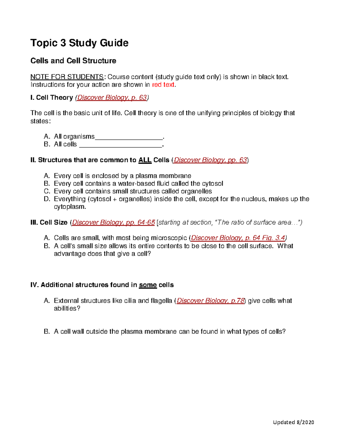 Topic 3 Study Guide fall 2020 - Topic 3 Study Guide Cells and Cell ...
