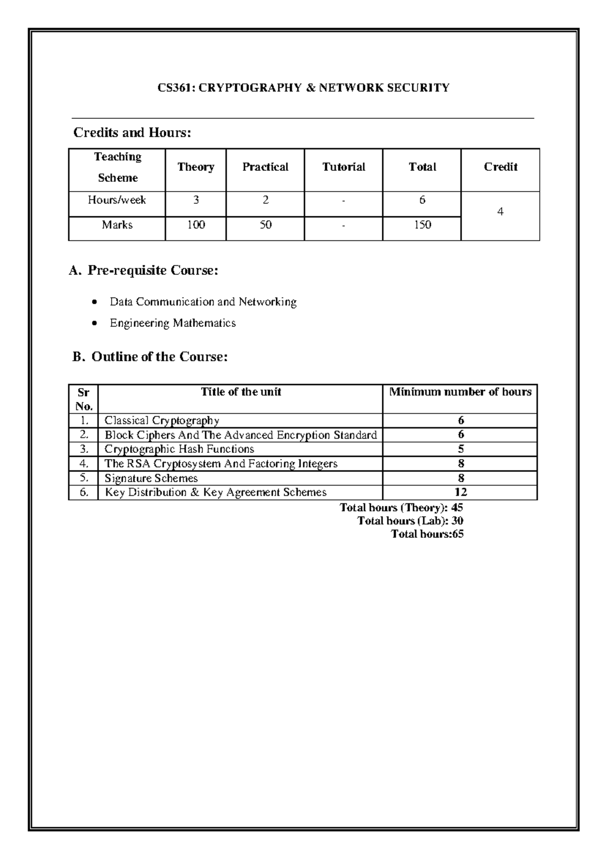 Syllabus CS361 Cryptography Network Security - CS361: CRYPTOGRAPHY & NETWORK SECURITY Credits ...