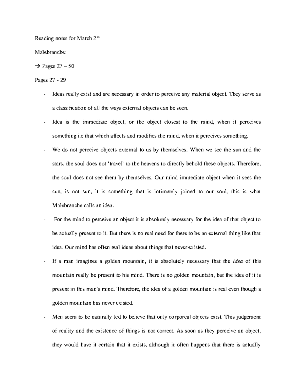 Reading notes for March 2nd - Reading notes for March 2nd Malebranche ...