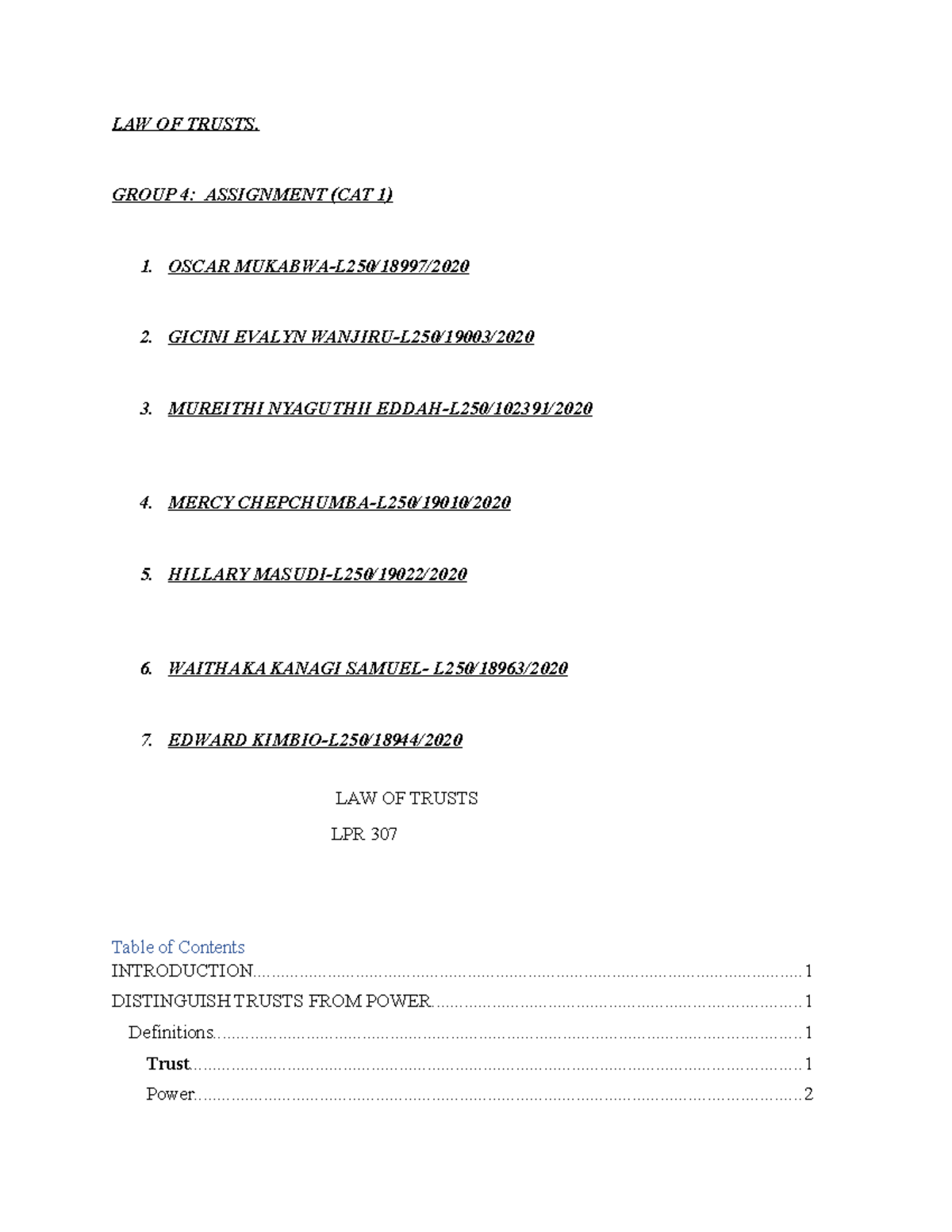 Group 4 law of trusts cat 1 a - ####### LAW OF TRUSTS. - 1. OSCAR ...