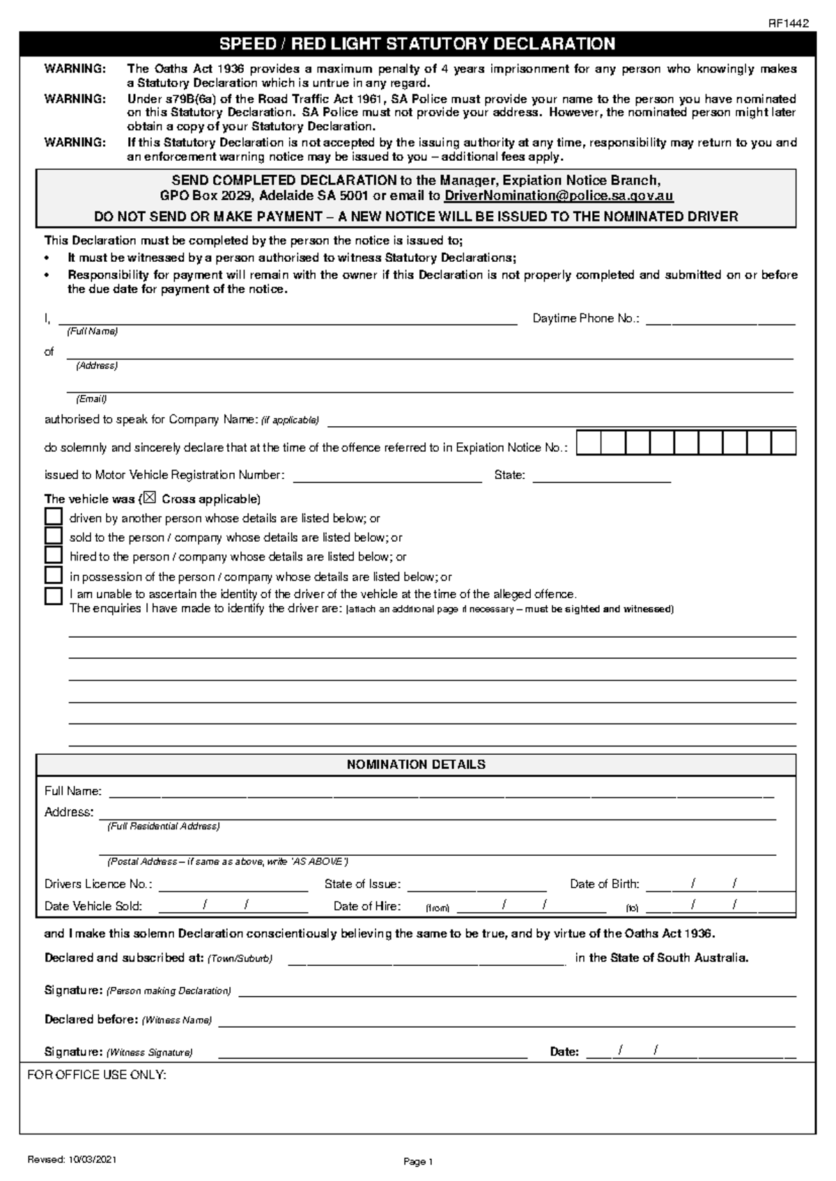 RF1442 Statutory Declaration Speed Red Light - Revised: 10/03/2021 Page ...