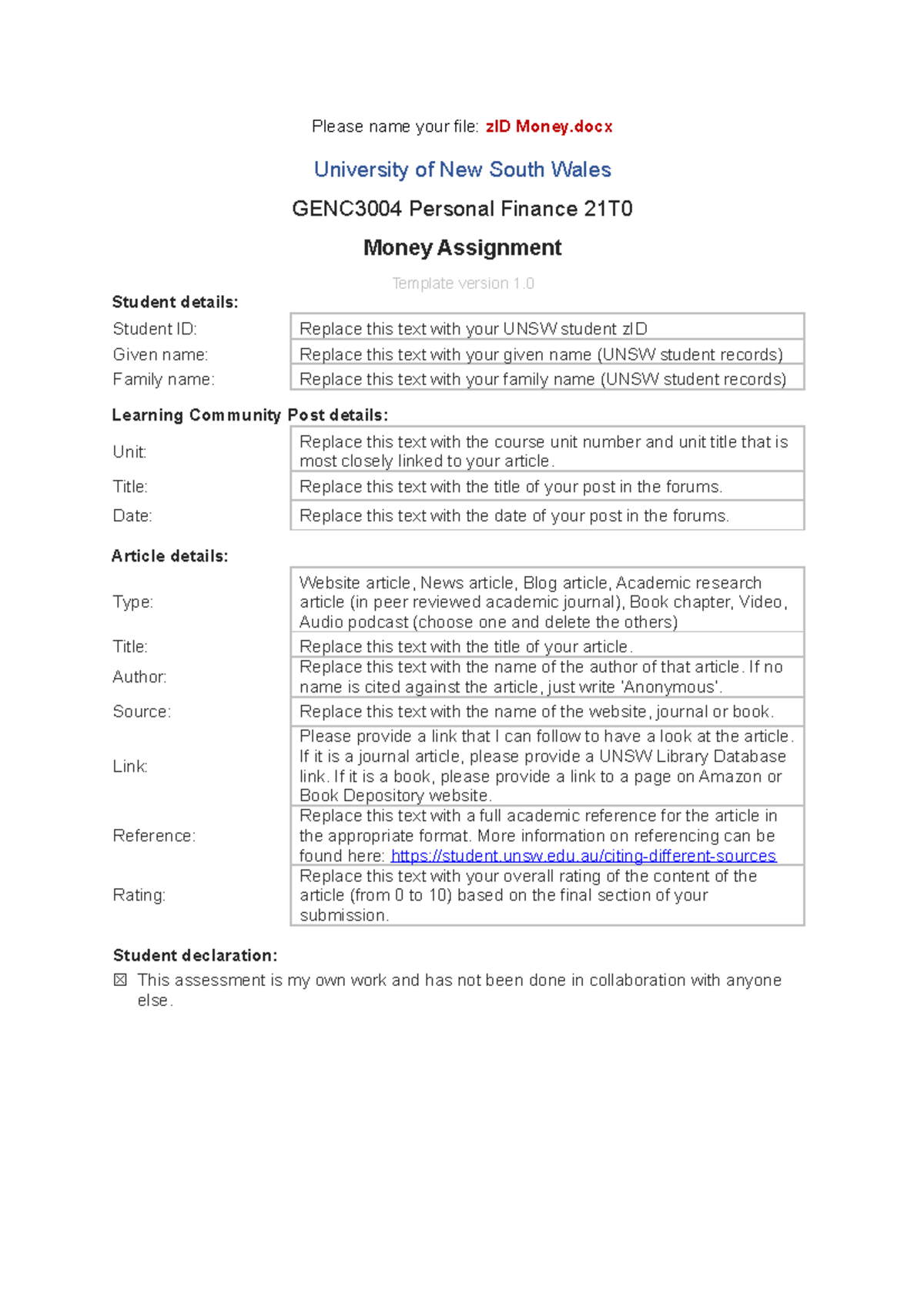 PF21T0 Money Assignment Template - Please name your file: zID Money ...