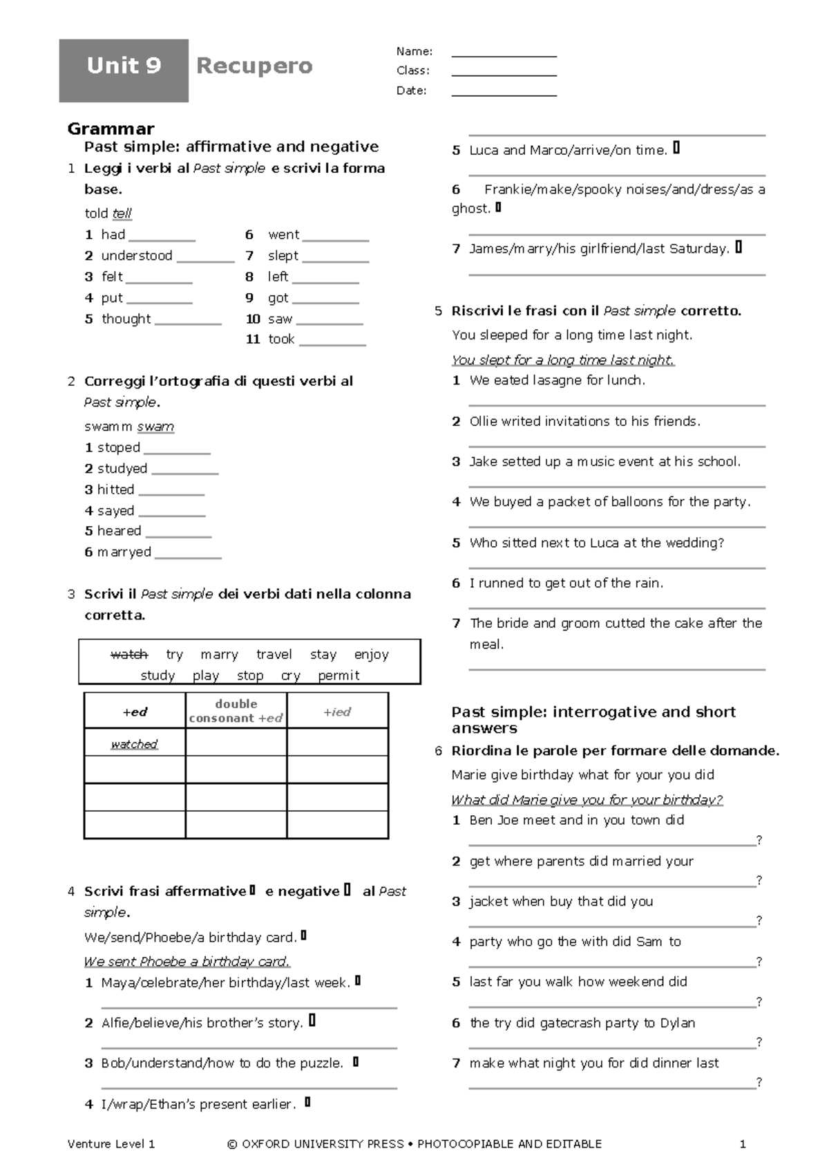 Venture l1 unit 9 recupero - Name: _______________ Class ...