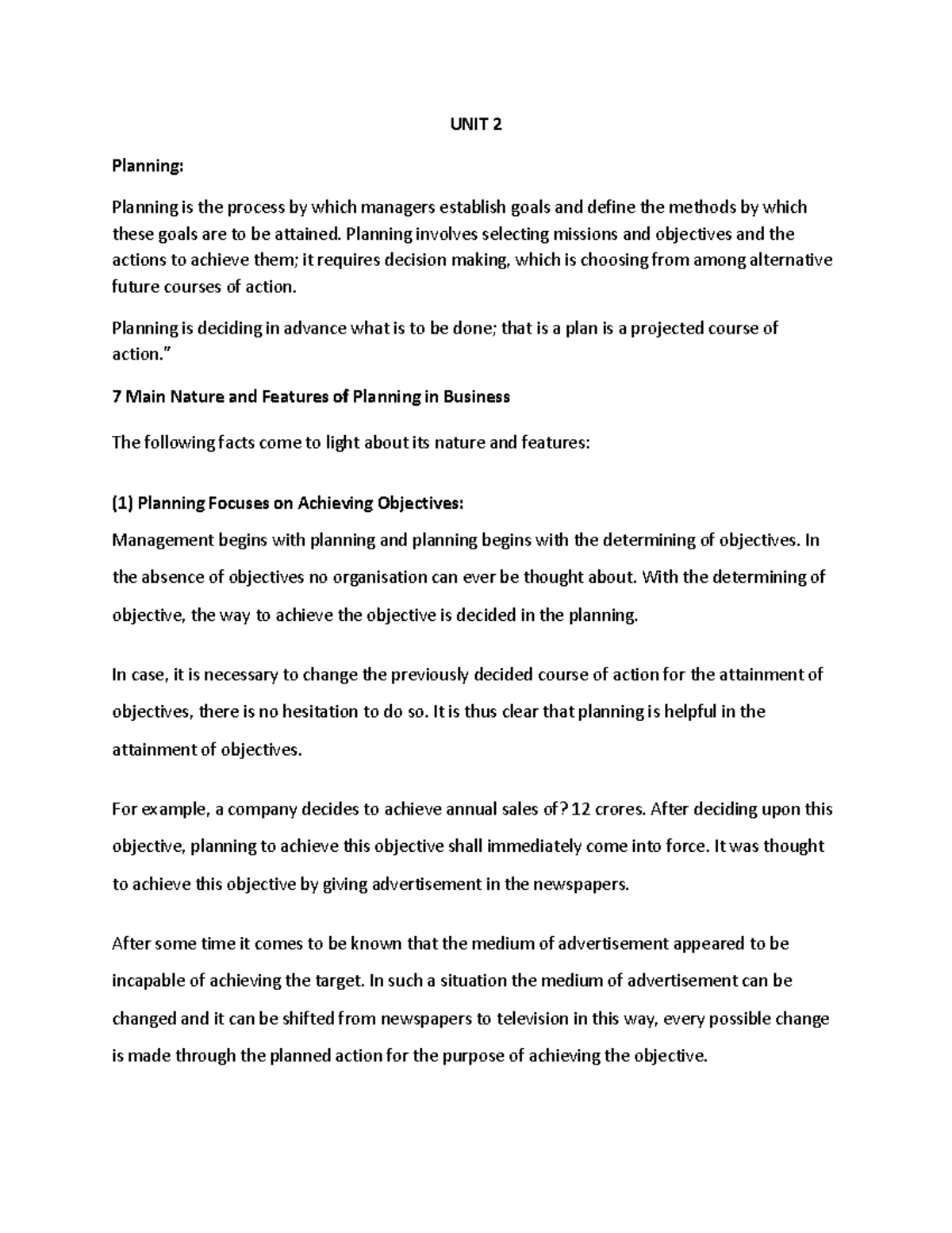 18MTT11C-U2 - Business management - UNIT 2 Planning: Planning is the process by which managers ...