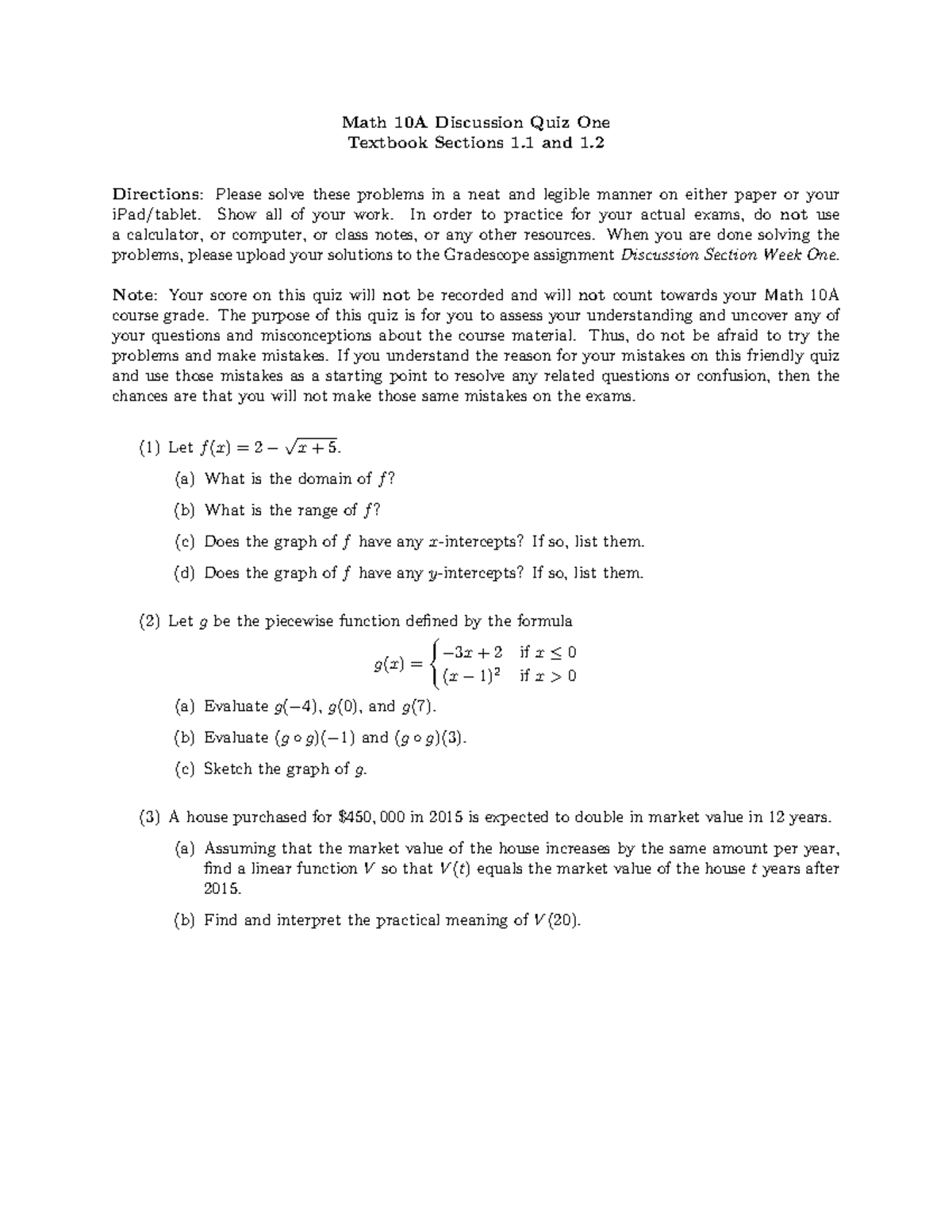 Quiz 1 - Math 10a fall quiz 1 practice problems - Math 10A Discussion ...