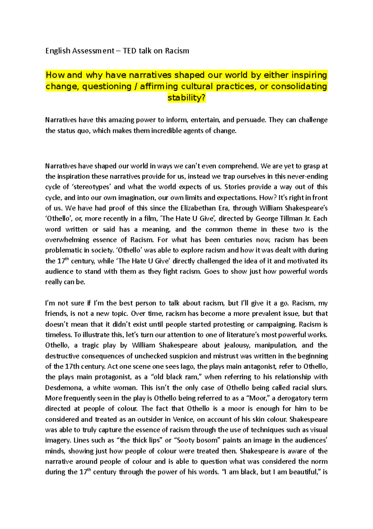 English Assessment TED - English Assessment – TED talk on Racism How ...