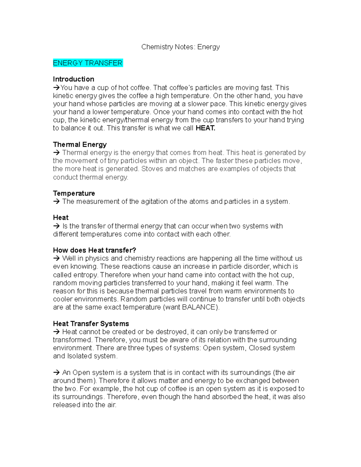Chemistry Energy Notes - Chemistry Notes: Energy ENERGY TRANSFER ...