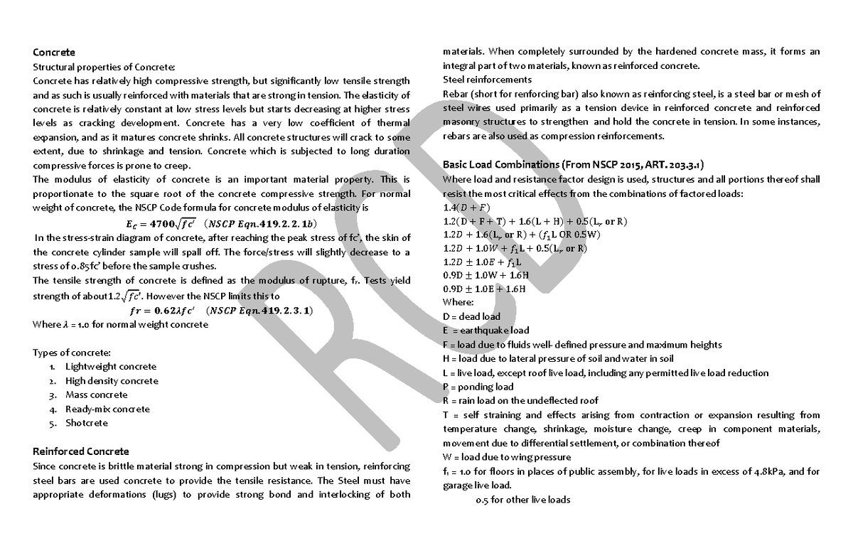 Pdfcoffee - Practice problems - Concrete Structural properties of Concrete: Concrete has ...