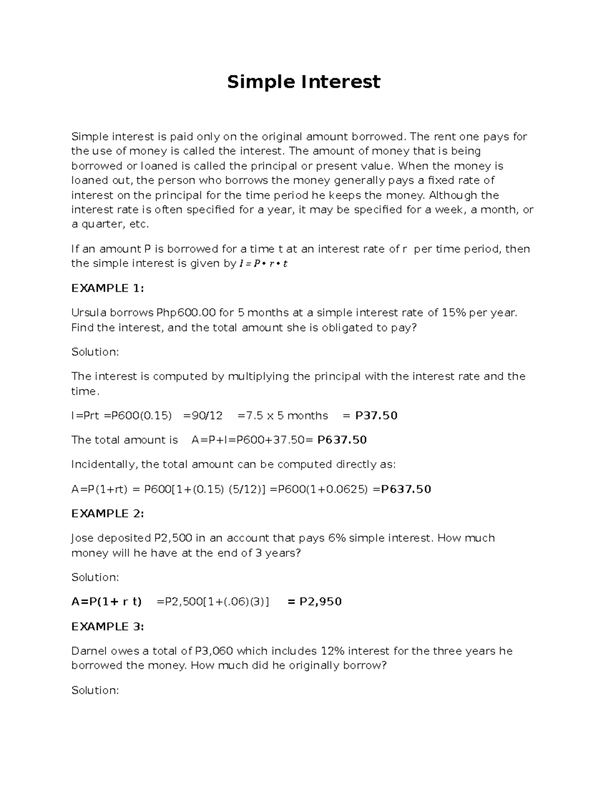 Simple Interest - Simple Interest Simple interest is paid only on the ...