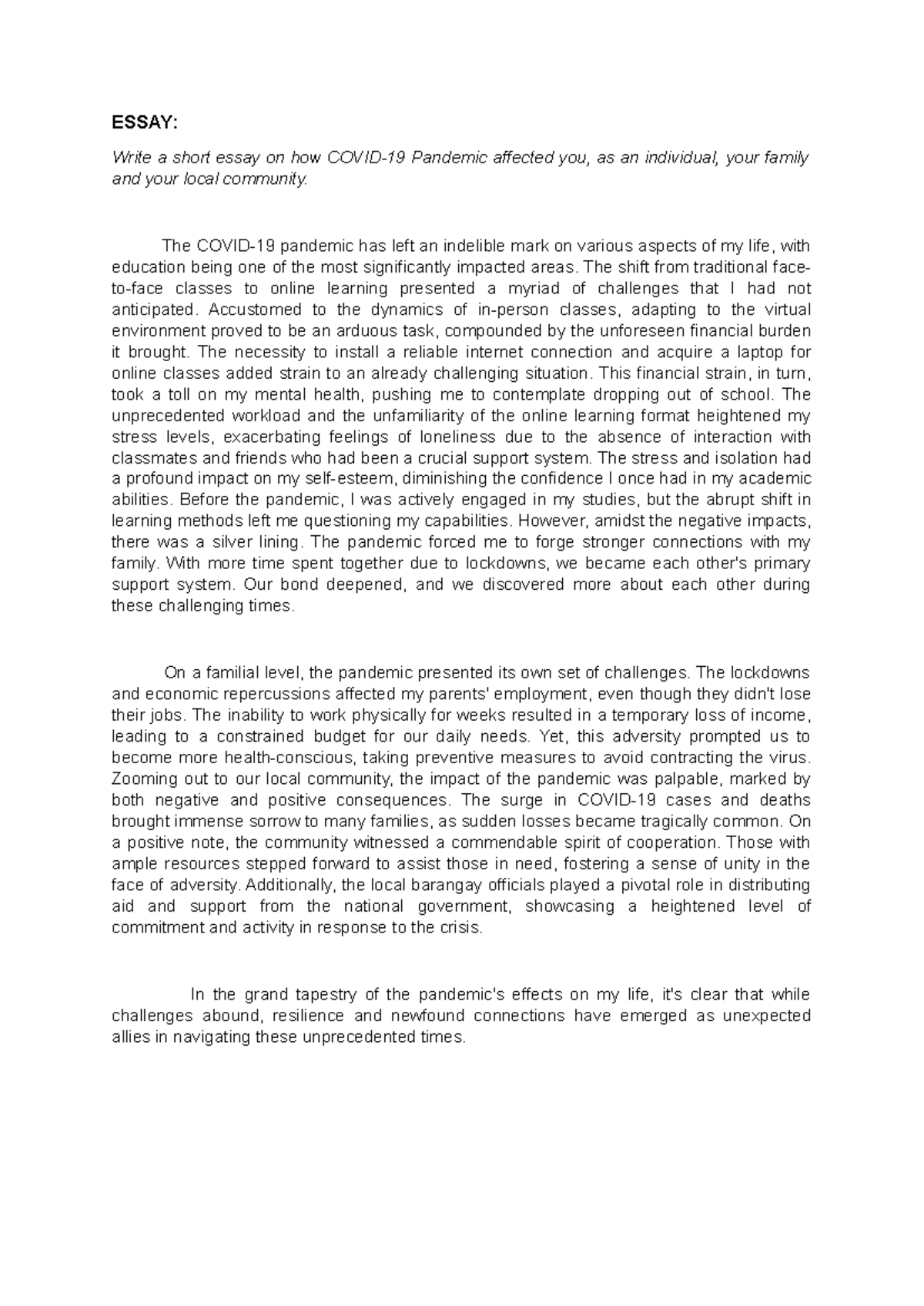 Finmar Essay - ESSAY: Write a short essay on how COVID-19 Pandemic ...