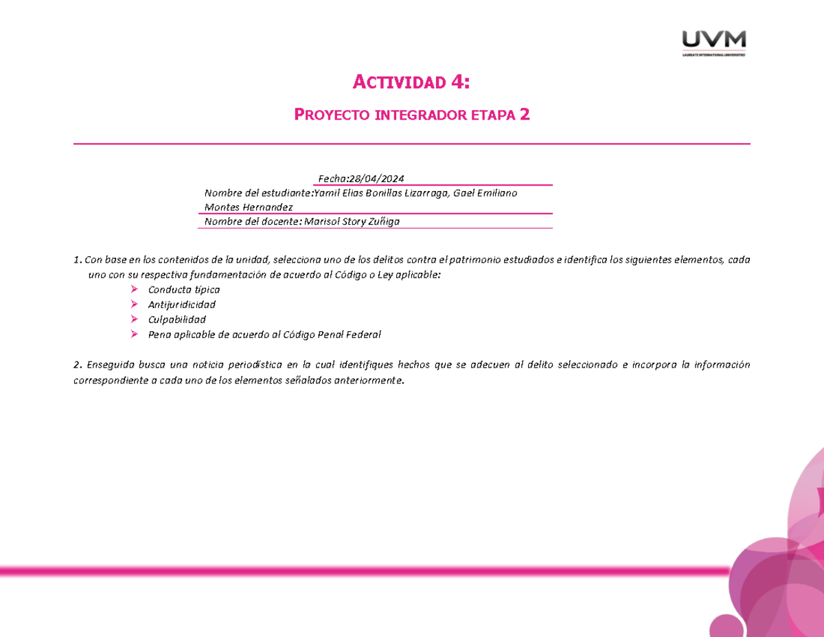 U2 Proyecto Integrador E2 EPD - A CTIVIDAD 4 : PROYECTO INTEGRADOR ETAPA 2 Fecha: 28 / 04 / 2024 ...