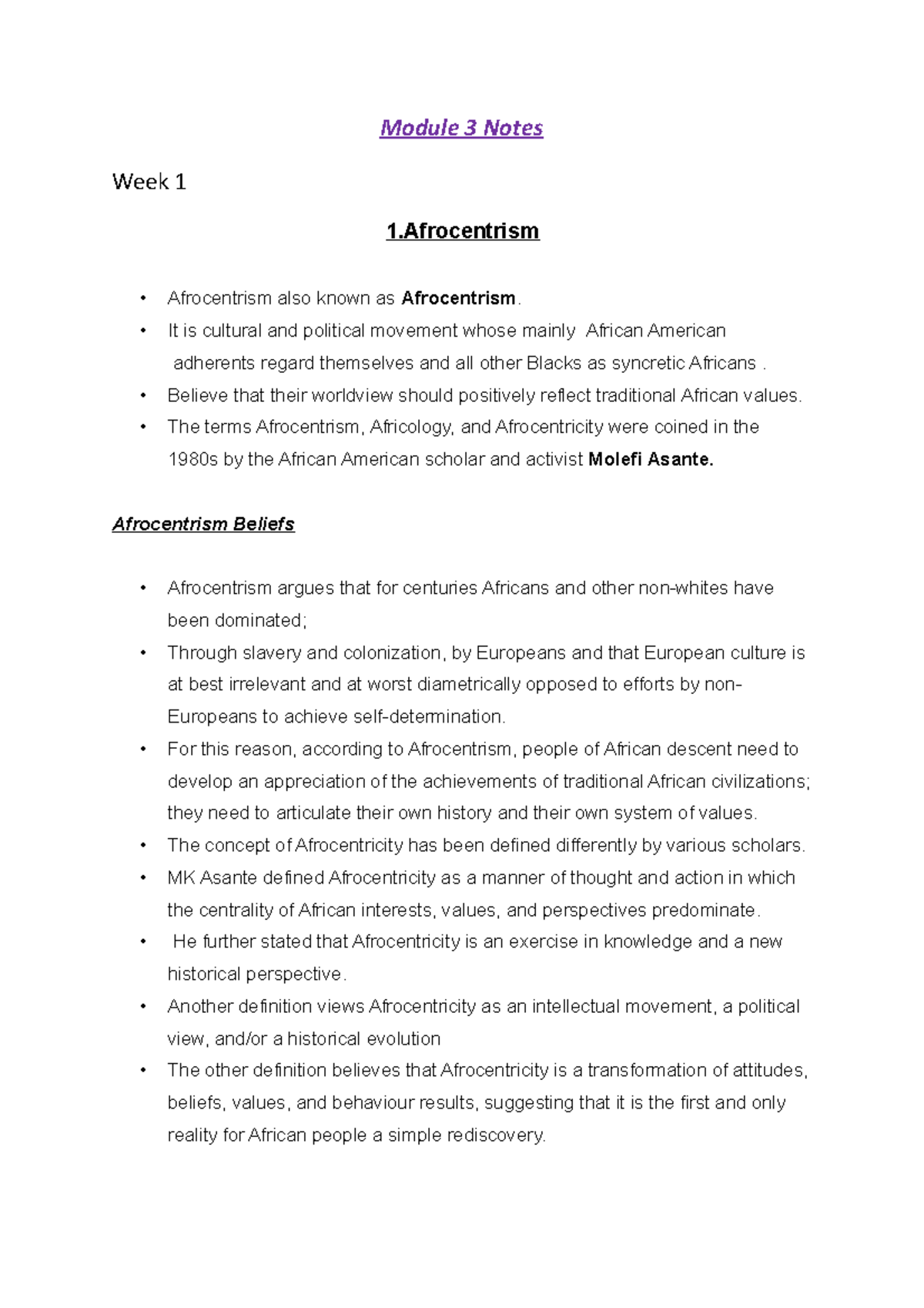 Module 3 Notes - Module 3 Notes Week 1 1 Afrocentrism also known as ...