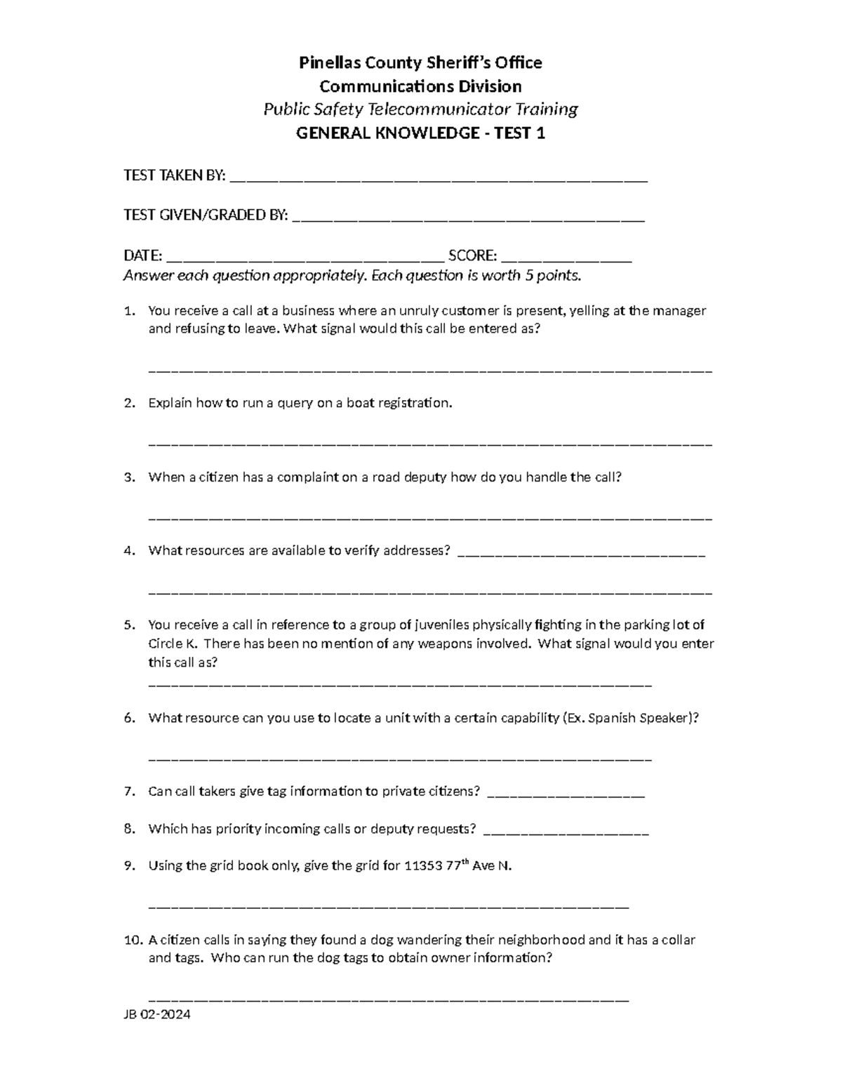 CT General Knowledge TEST 1 - Pinellas County Sheriff’s Office ...