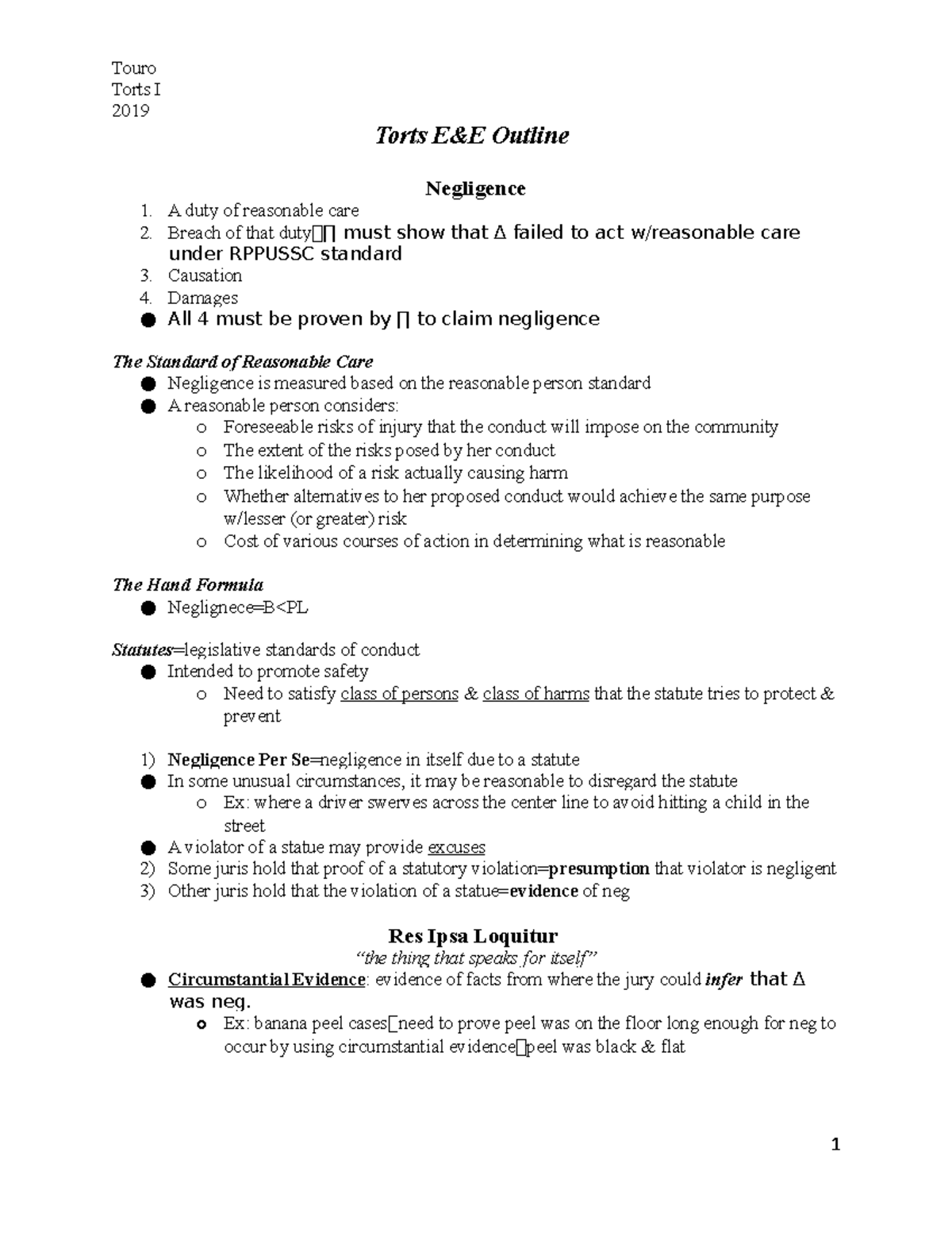 Torts E&E Outline 2019 - Examples and Explanations Supplement Notes ...