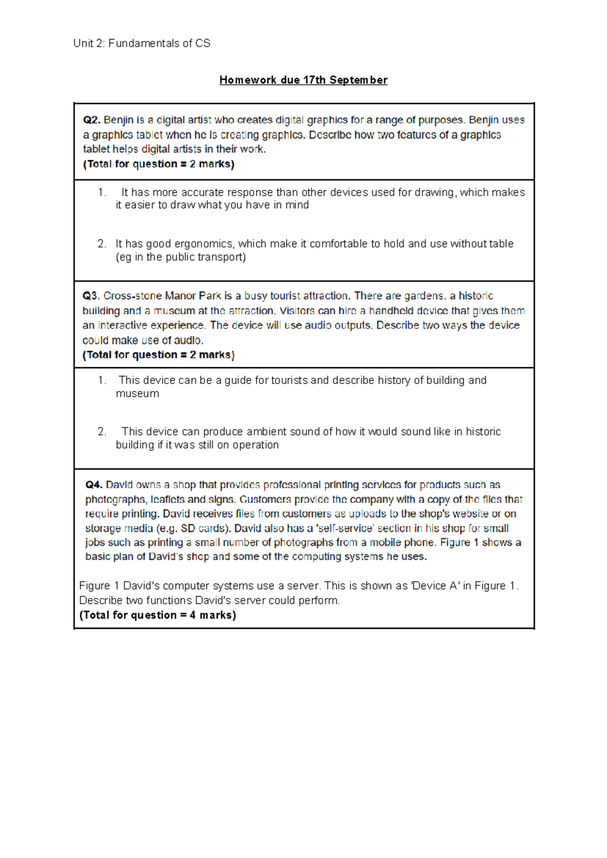 Copy of Homework due 17th September - Unit 2: Fundamentals of CS ...