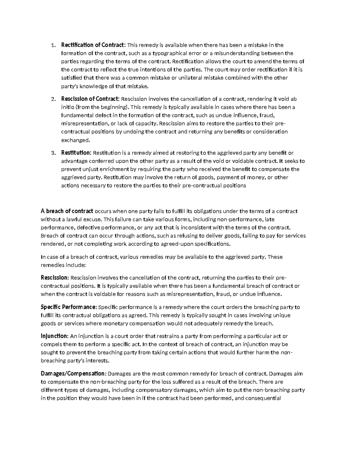 Corp law - Summary Contract LAw - Rectification of Contract: This ...