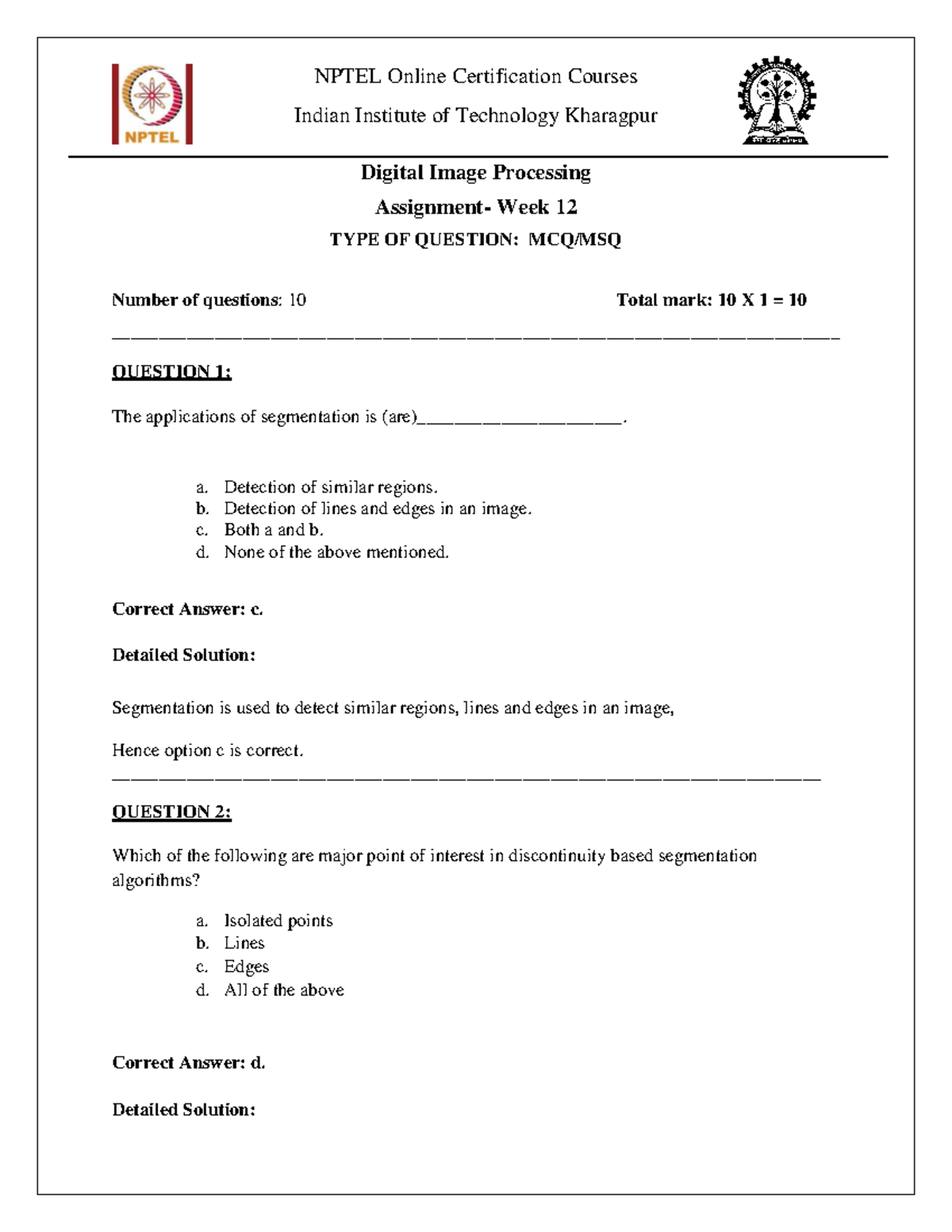 DIP Assignment 12 Solution - Indian Institute of Technology Kharagpur Digital Image Processing ...