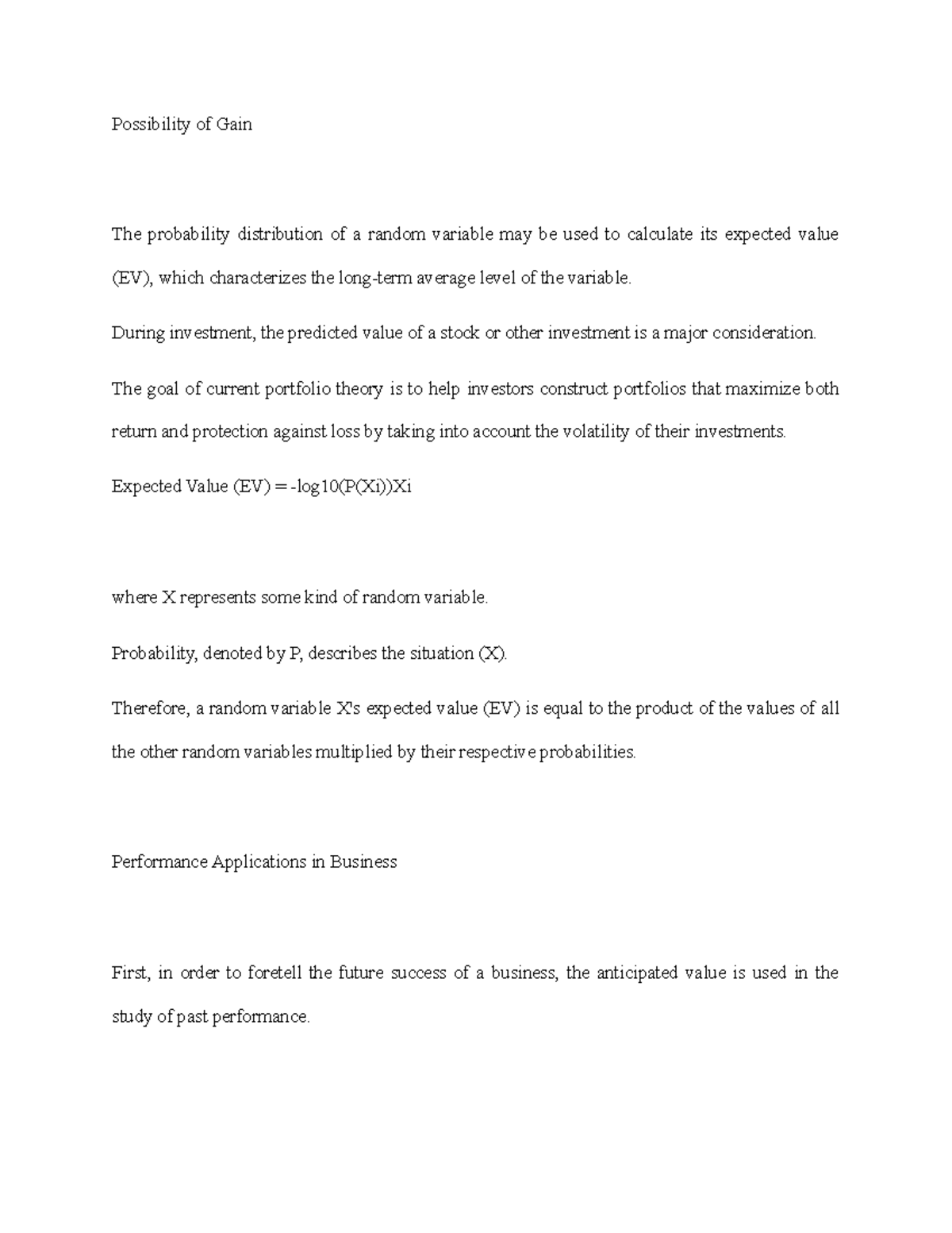 Probability of gain and EV - Possibility of Gain The probability ...