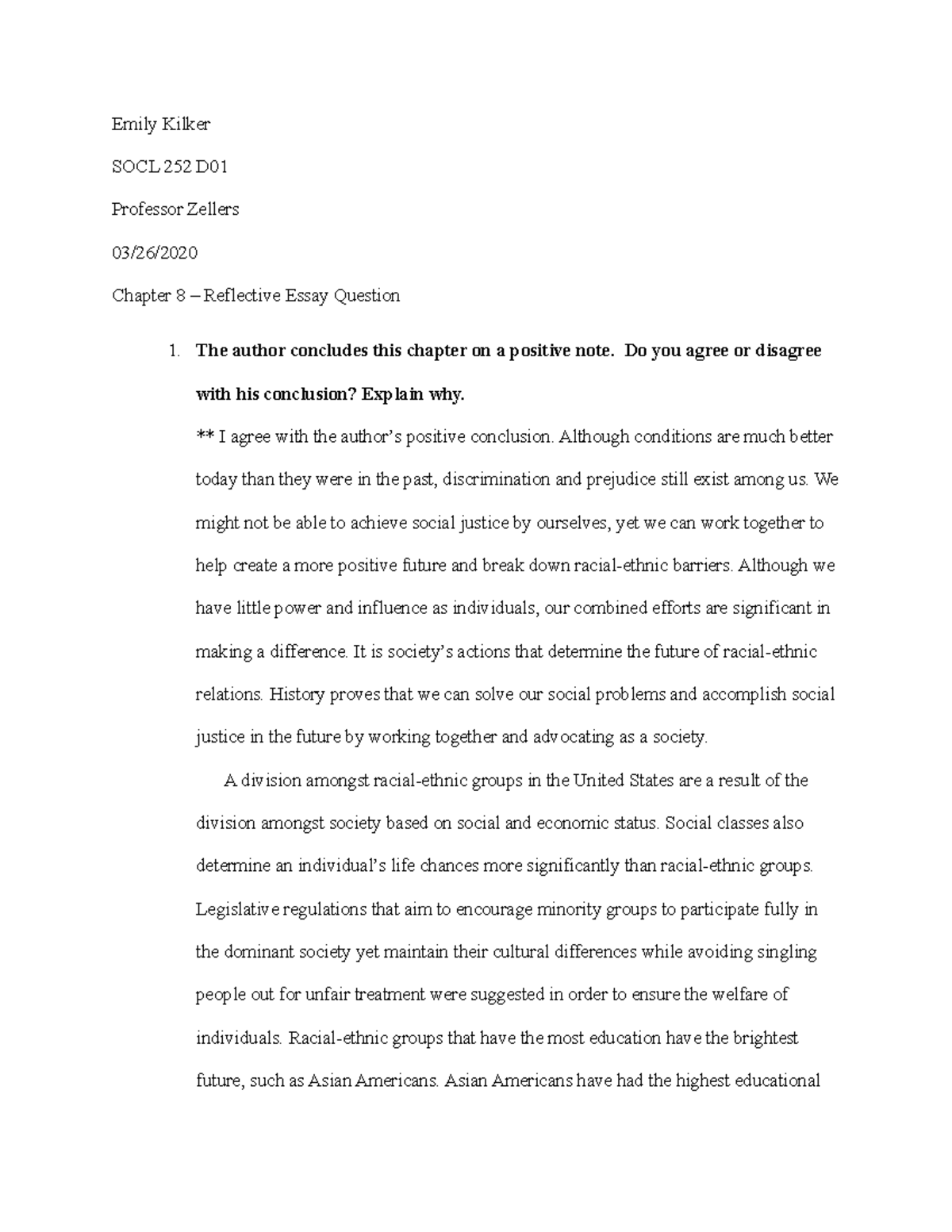 Chapter 8 - Reflective Essay Question - Emily Kilker SOCL 252 D ...