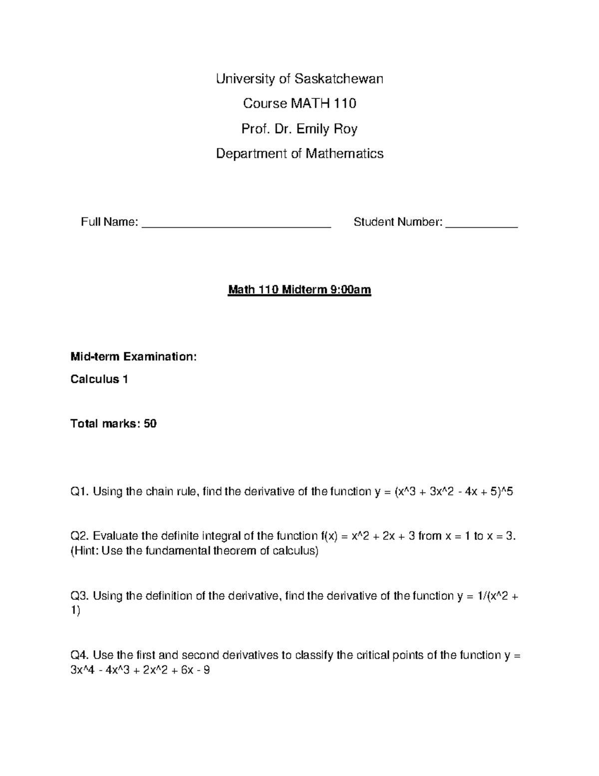 MATH 110 MID term 1 - MATH 110 MID term 1 - University of Saskatchewan ...