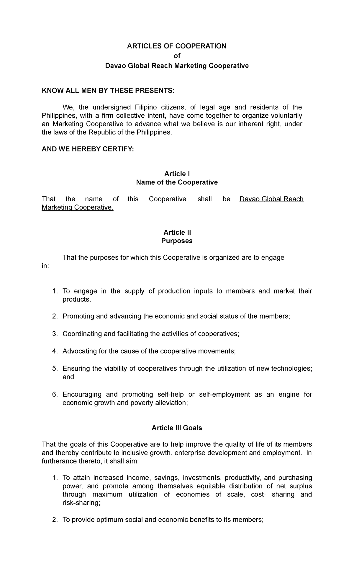 Marketing- Articles-OF- Cooperation-BUS LAW - ARTICLES OF COOPERATION ...