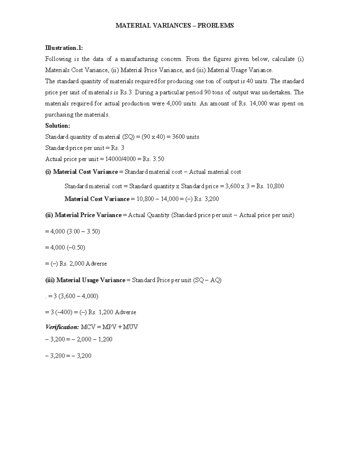 standard costing meaning and definitions - MATERIAL VARIANCES – PROBLEMS Illustration: Following ...